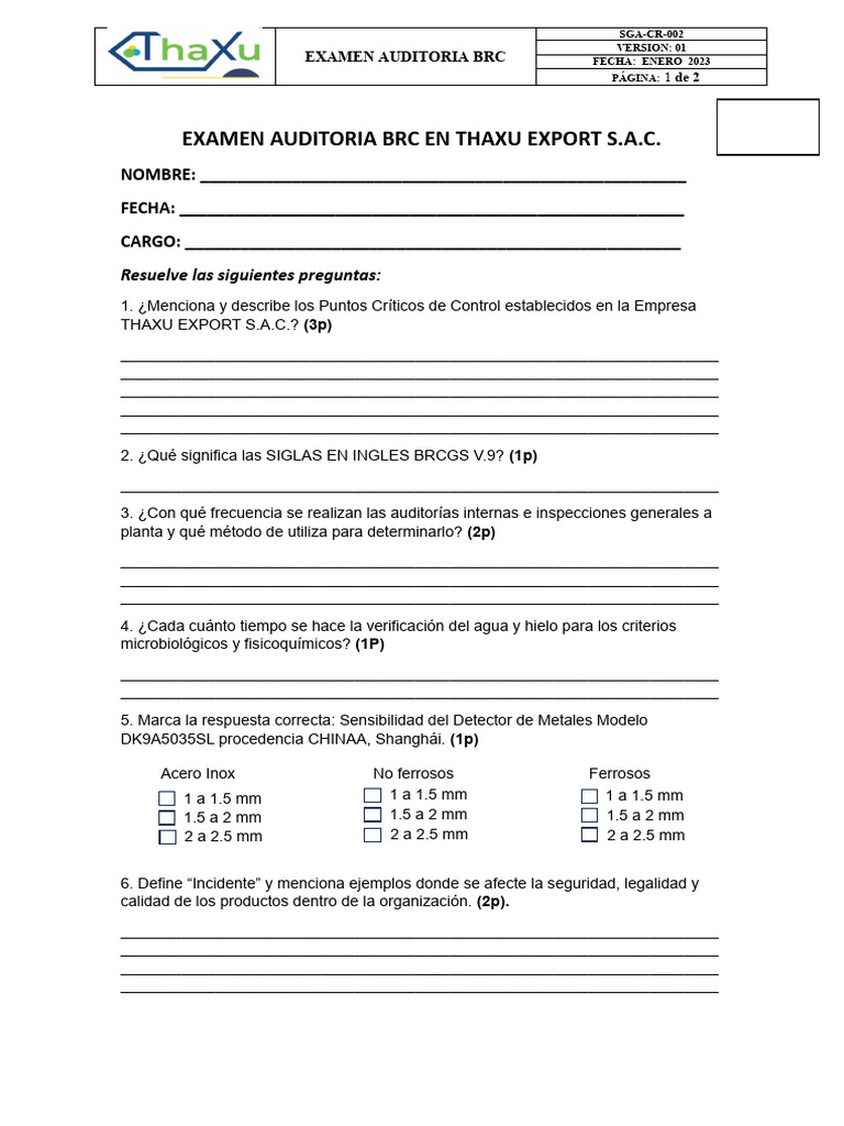 Examen Auditoria BRC en Thaxu Export S | PDF | Auditoría