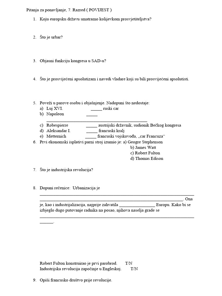 Pitanja Za Ponavljanje Povijest 7 Razred | PDF