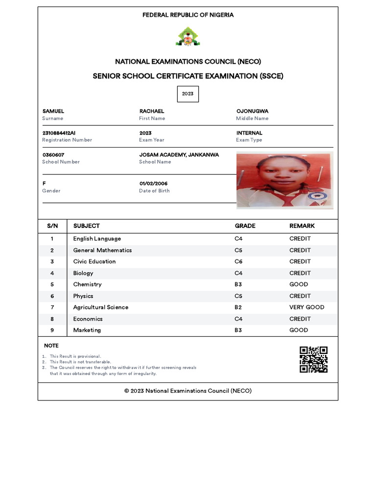 NECO Results Portal | PDF