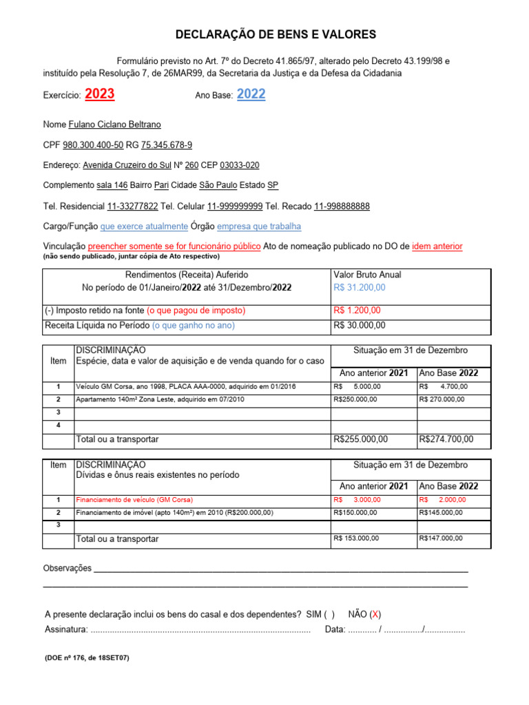 3.1 MODELO DE PREENCHIMENTO 2023 2022 Declaracao de Bens e Valores ...
