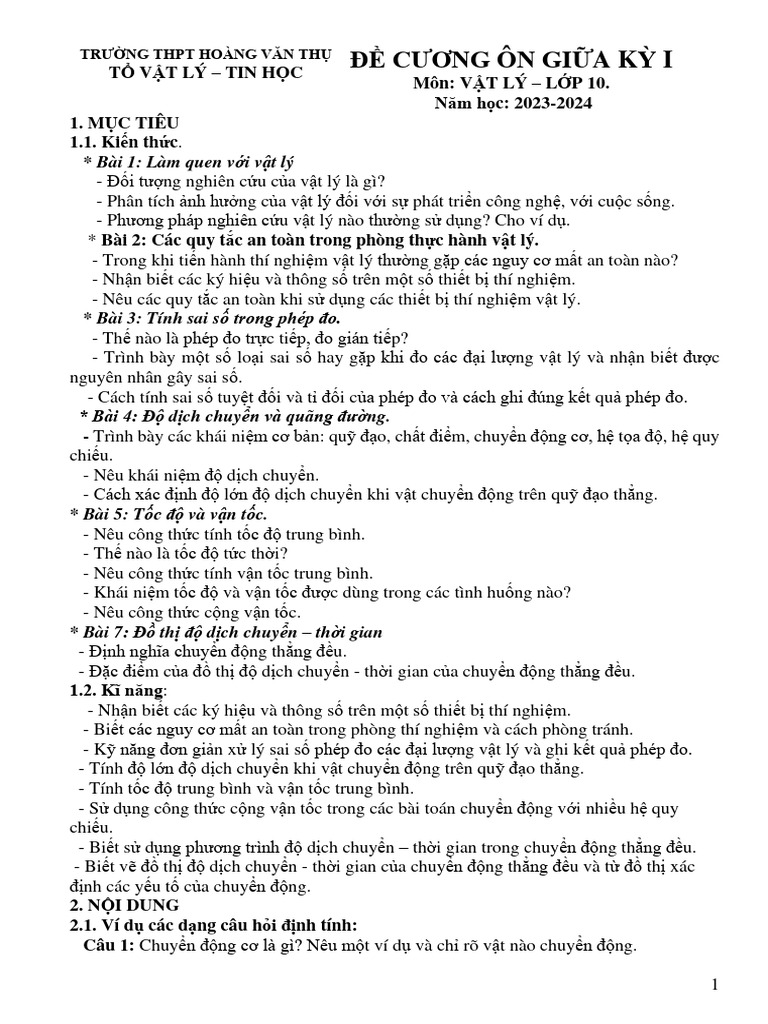 De Cuong Vat Ly 10 Giua Ky 1 Nam 2023 2024 Truong THPT Hoang Van Thu Ha Noi | PDF