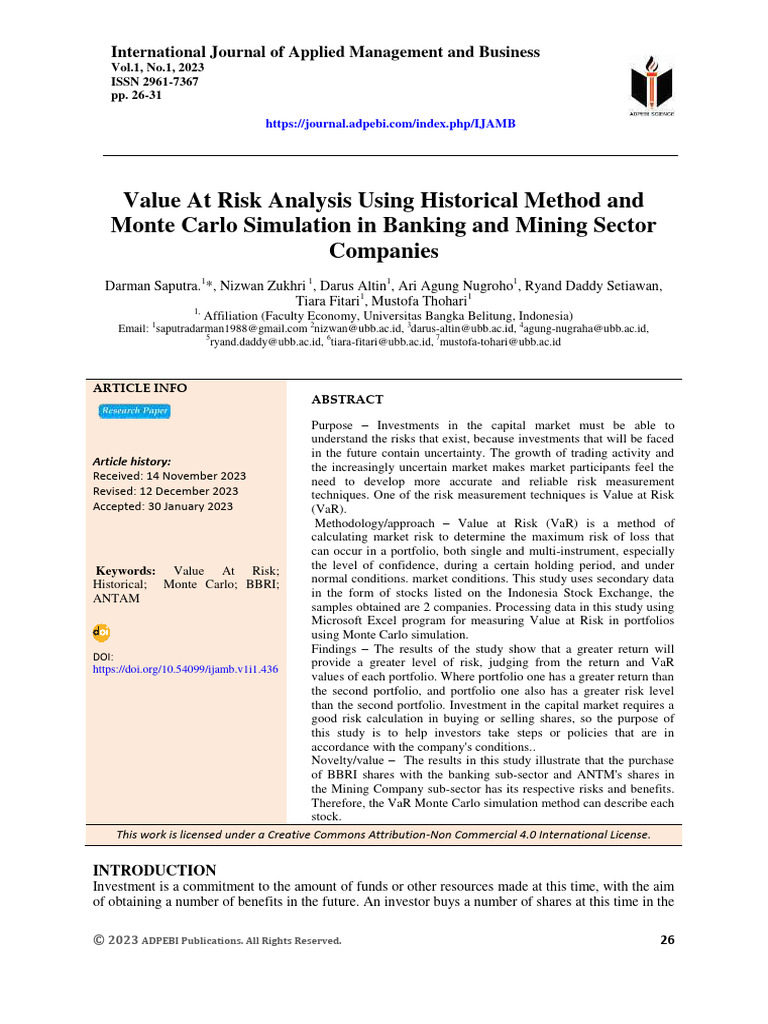 Value at Risk Analysis Using Historical Method and Monte Carlo ...