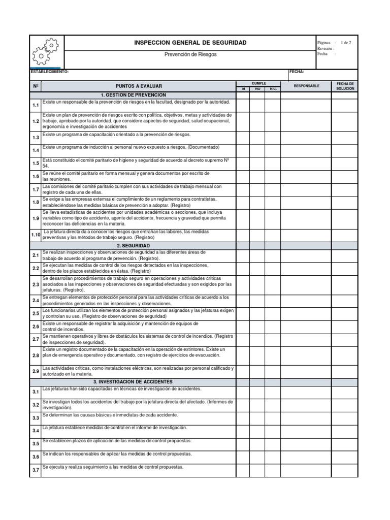 10.formato Inspeccion General de Seguridad | PDF | Seguridad y salud ocupacional | Factores ...