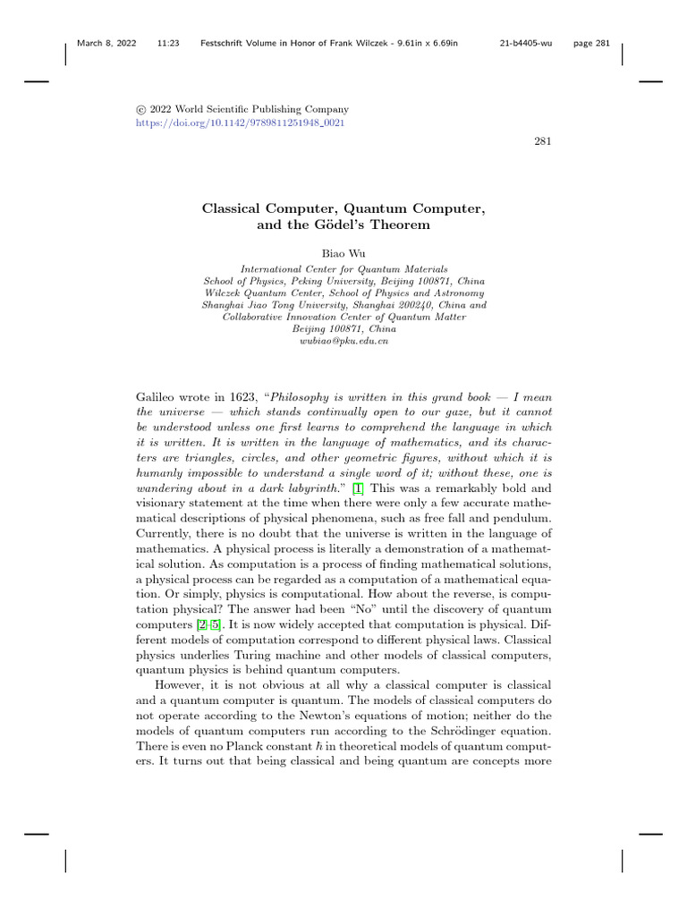 Classical Computer, Quantum Computer, and The Go ̈del's Theorem | PDF ...