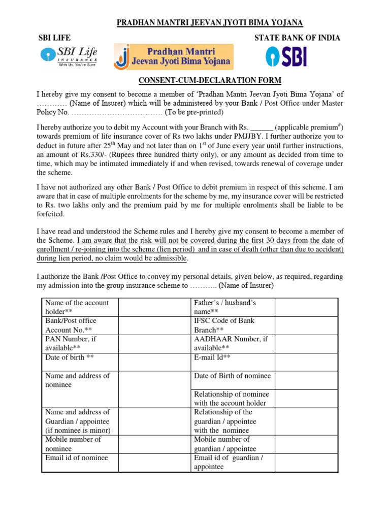 090721-Consent Cum Declaration Form PMJJBY | Download Free PDF | Insurance | Identity Document