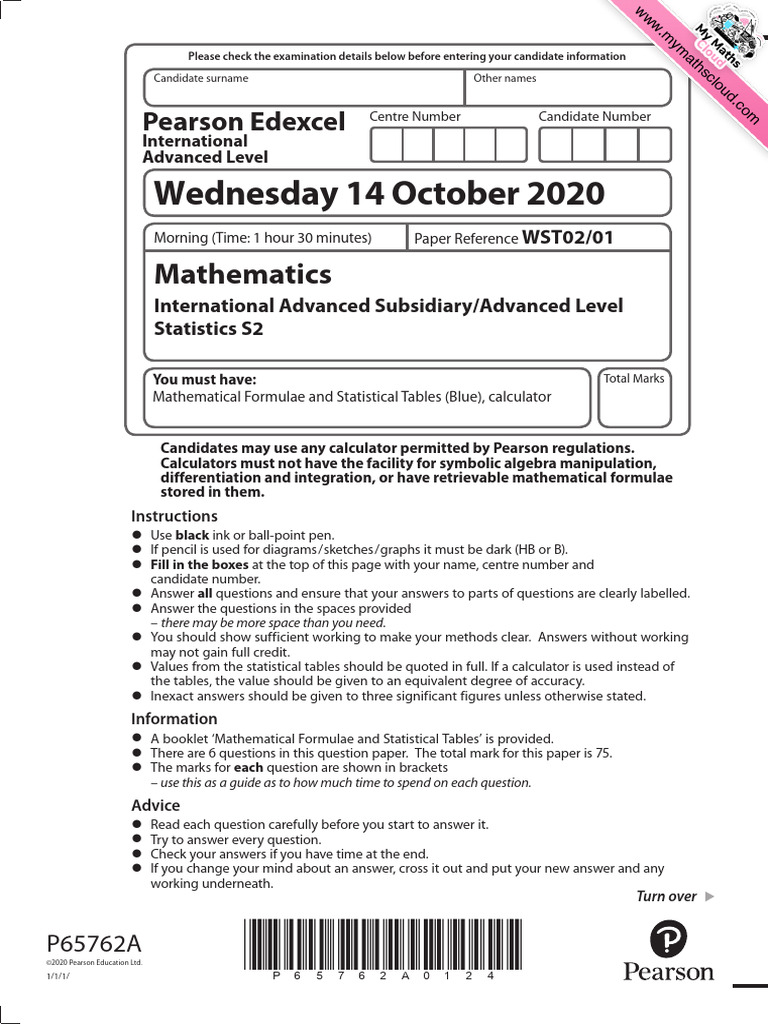 Statistics S2 Exam Instructions | PDF | Probability Distribution ...