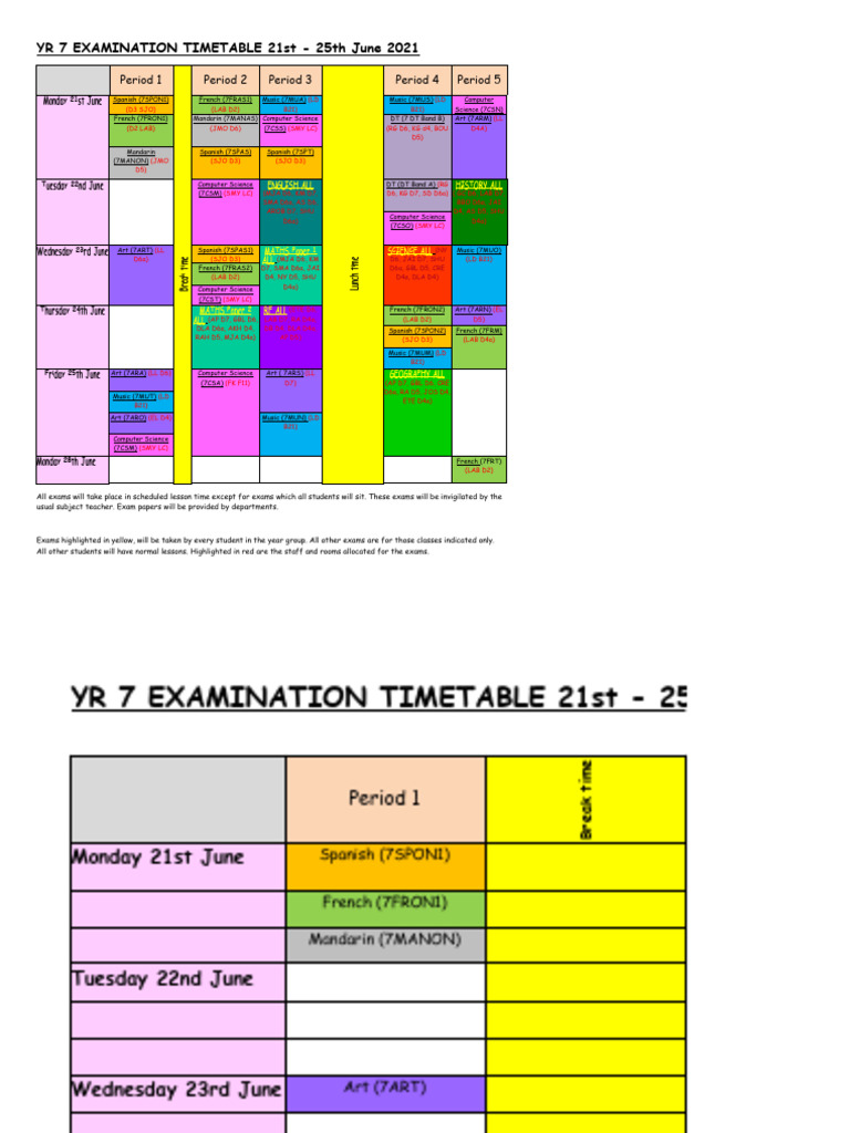 Year 7 Exam Timetable New 4 | PDF