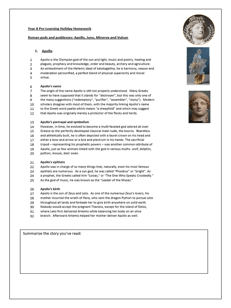 Year 8 Pre Learning Homework - Myths and Legends | PDF | Apollo | Hera