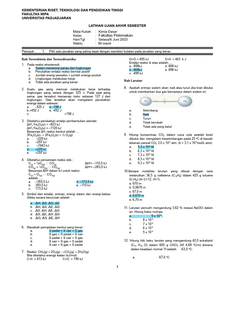 Latihan UAS Kimdas FAPET 2023 With Kunjaw | PDF