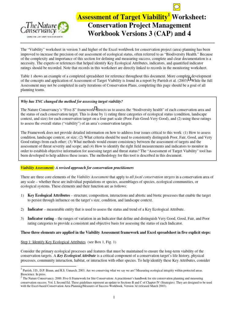 TNC Target Viability Worksheet | PDF | Conservation Biology | Ecology