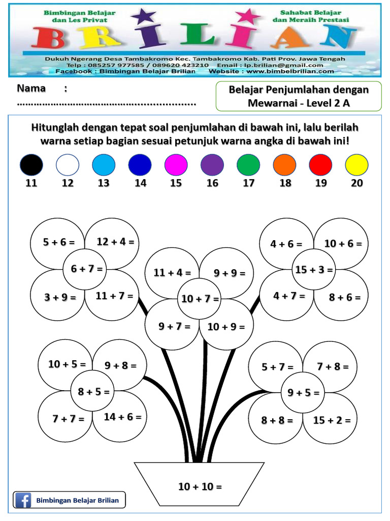 Berhitung Penjumlahan Dengan Mewarnai Level 2 | PDF | Metode & Bahan Ajar