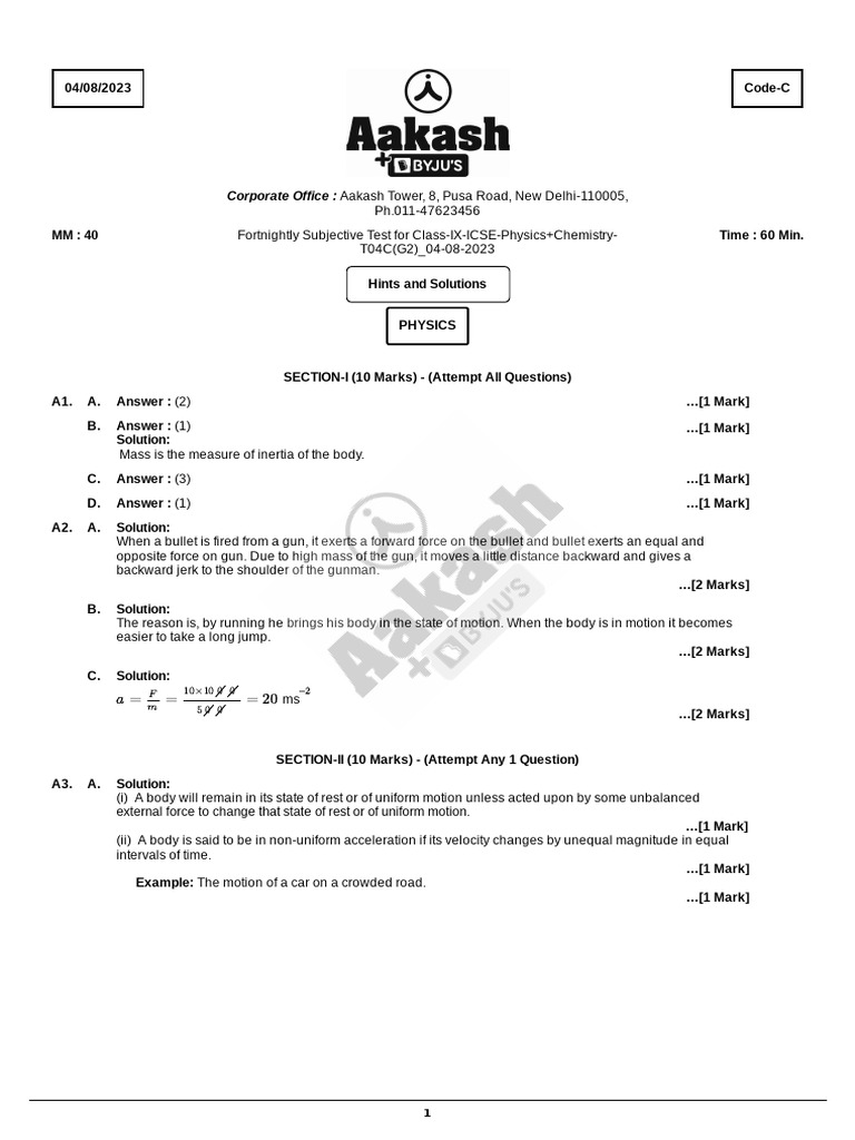FST-4C (ICSE - G-2) Phy+Chem (C-09) 04-08-2023 - SOL | PDF | Chemical Reactions | Force