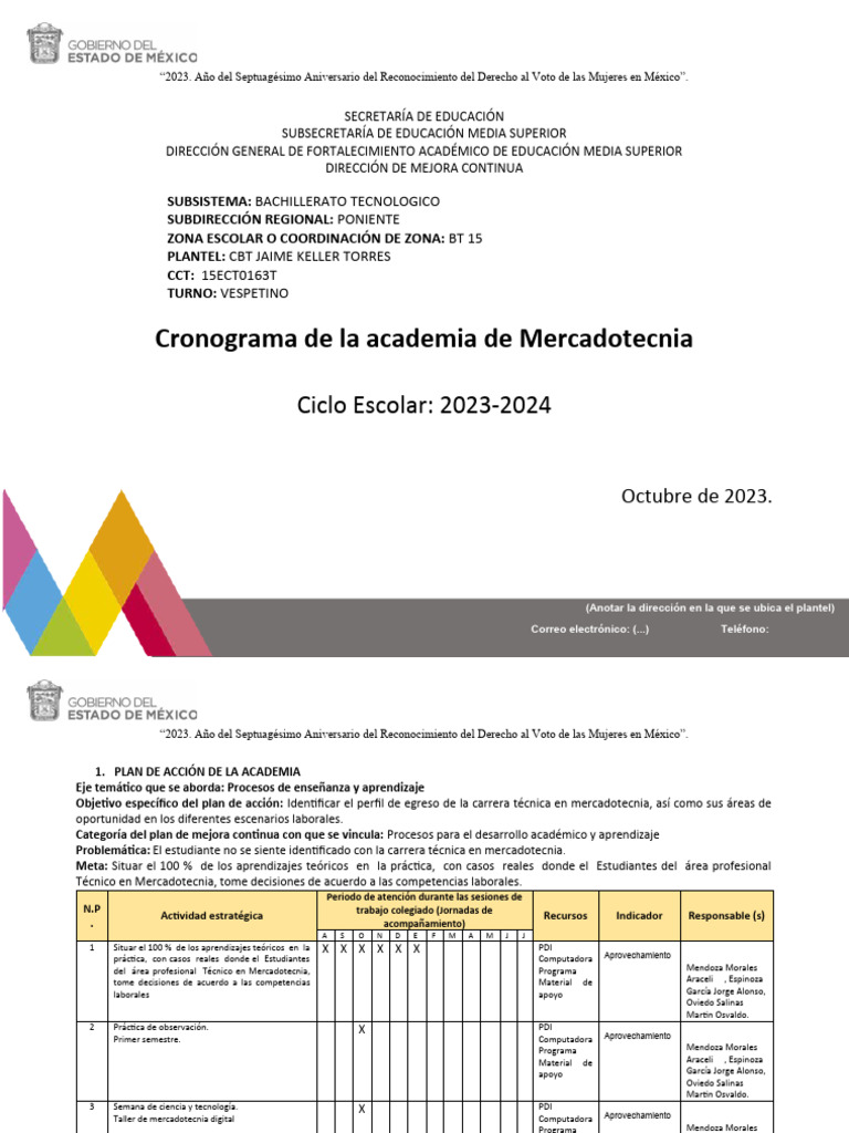 PLAN SEMESTRAL DE TRABAJO COLEGIADO (CRONOGRAMA) MKT 2023-2024 Áreas de ...