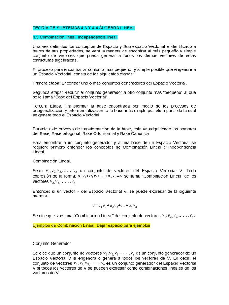 Algebra Lineal - TEORÍA DE SUBTEMAS 4.3 Y 4.4 | PDF | Base (álgebra ...