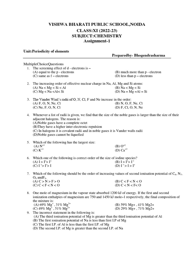 Class - XI CHEMISTRY ASSIGNMENT CH-3 | PDF | Nature | Atoms