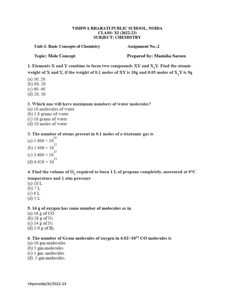 Assignment-2-Mole Concept | PDF | Mole (Unit) | Molecules Assignment-2-Mole Concept | PDF | Mole (Unit) | Molecules