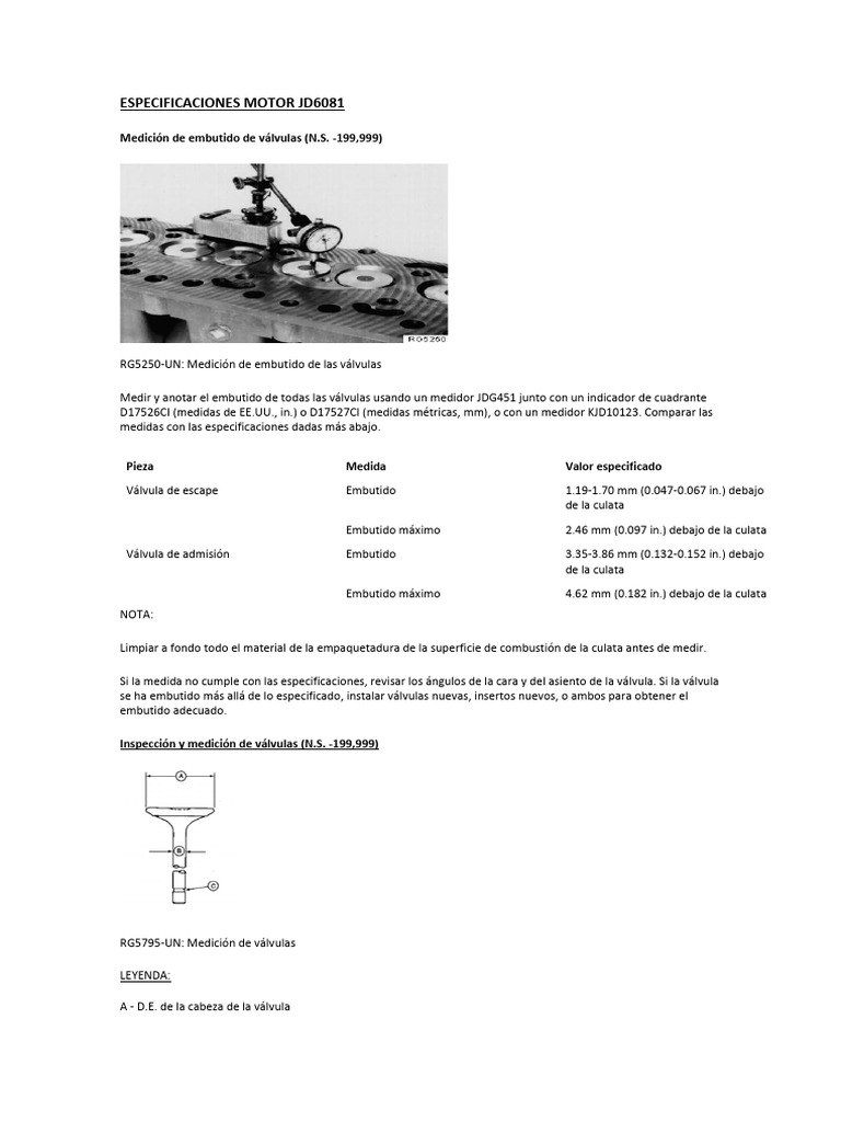 Especificaciones Motor JD6081............. | PDF | Tornillo | Pistón