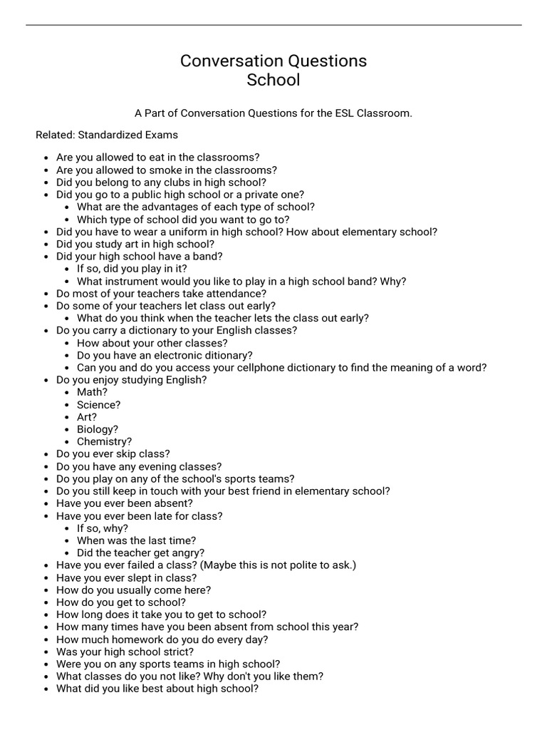 ESL Conversation Questions - School (I-TESL-J) | PDF | Schools ...