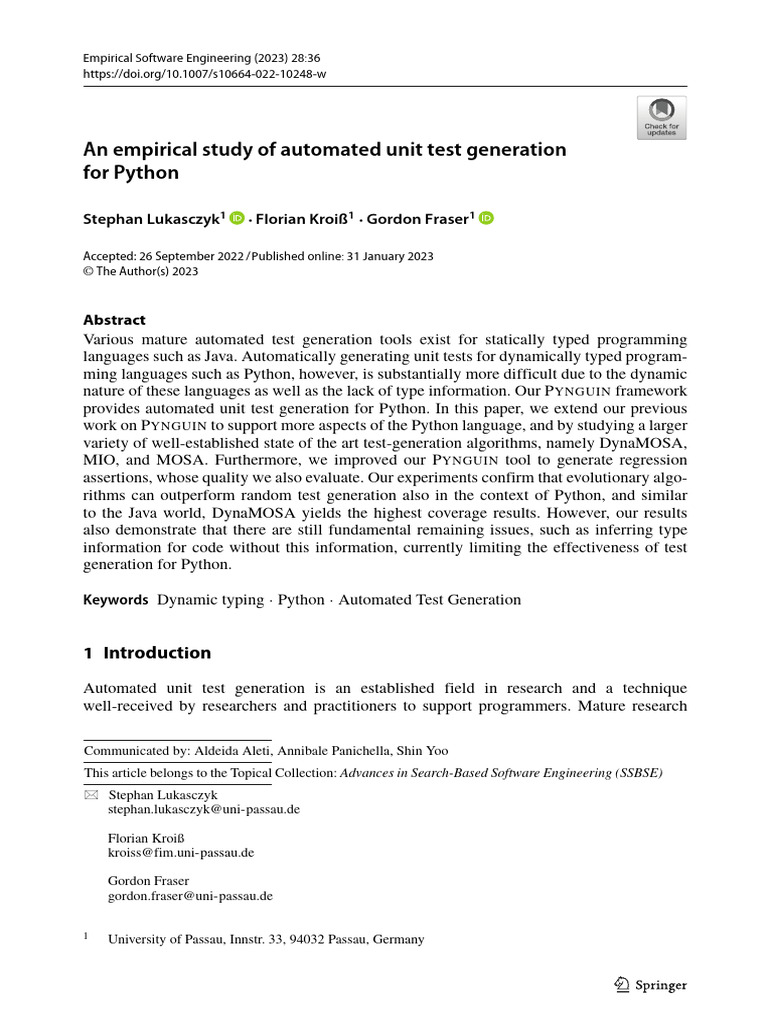 An Empirical Study of Automated Unit Test Generation For Python | PDF ...