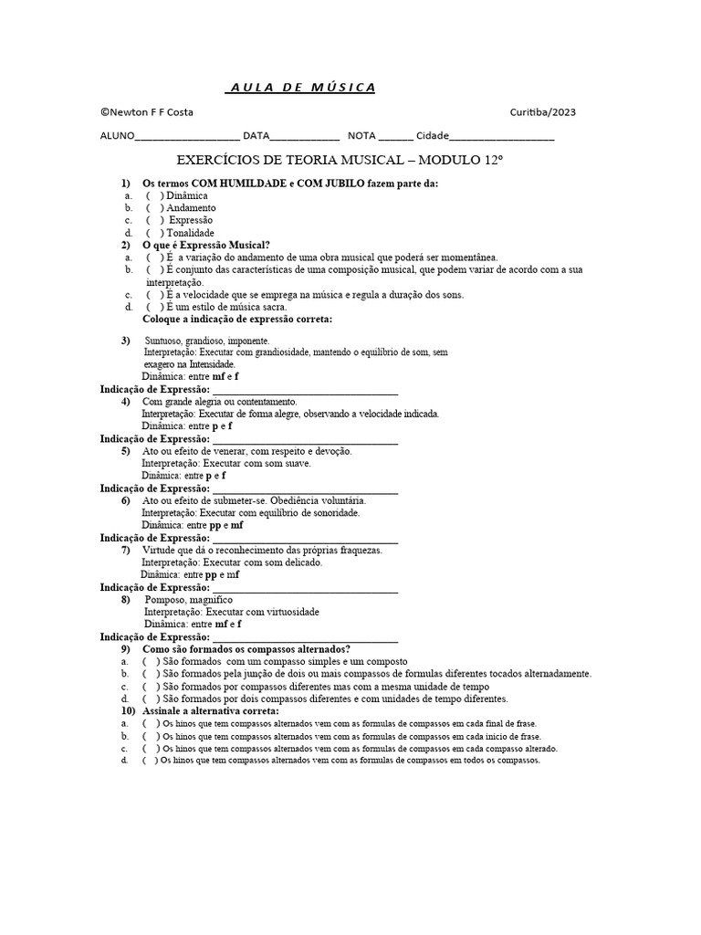 EXERCÍCIOS DE TEORIA MUSICAL Modulo 12 | PDF | Dinâmica (Mecânica ...