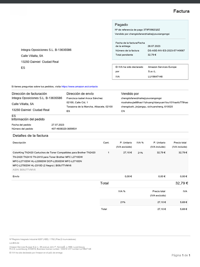 Factura de Compra: Cartuchos de Tóner | PDF