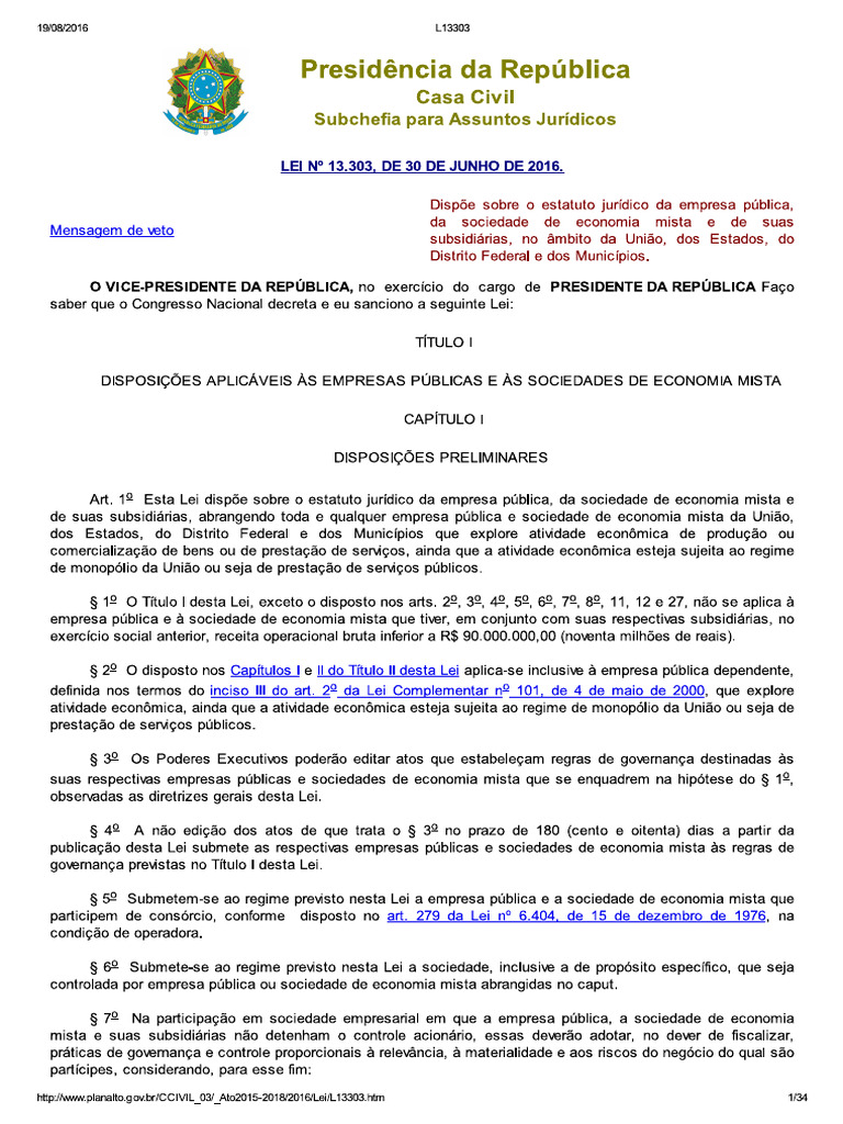 Lei - Federal - # - 13303-2016 Estatuto Juridico Empresa Publica ...