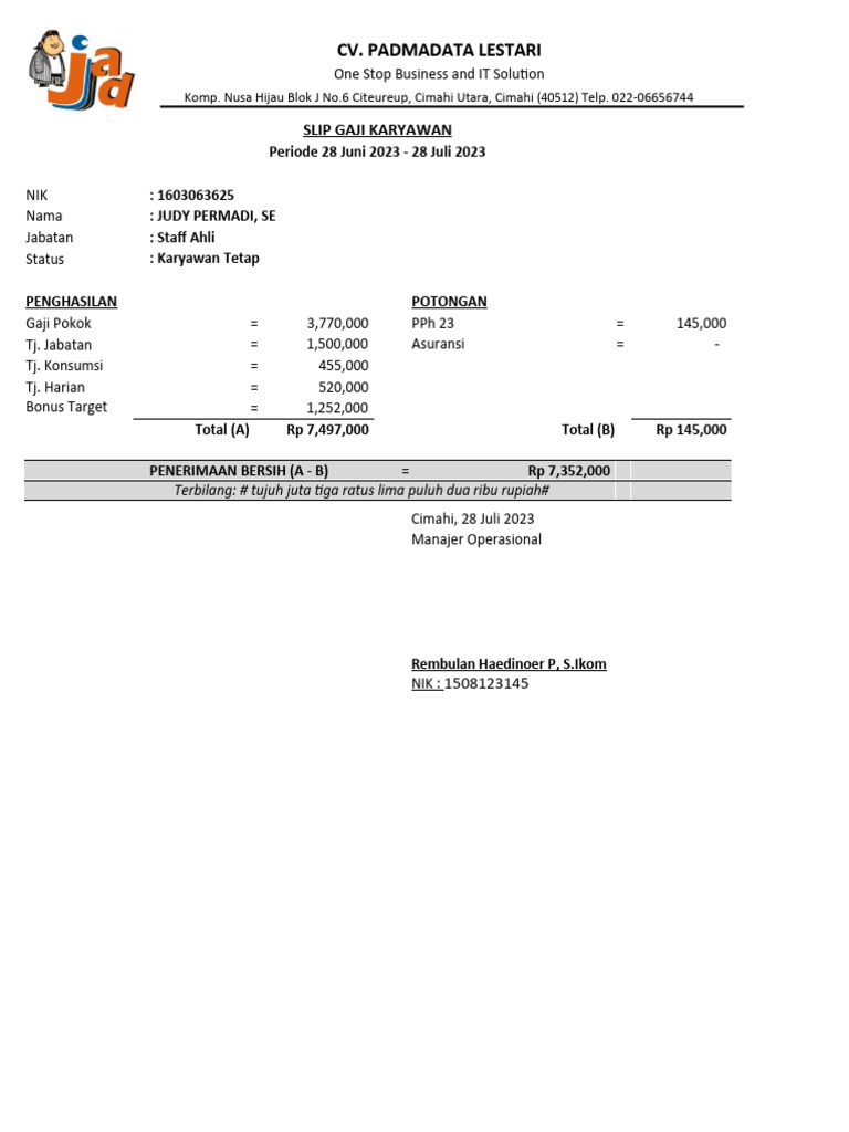 Slip Gaji Karyawan CV. Padadata Lestari | PDF