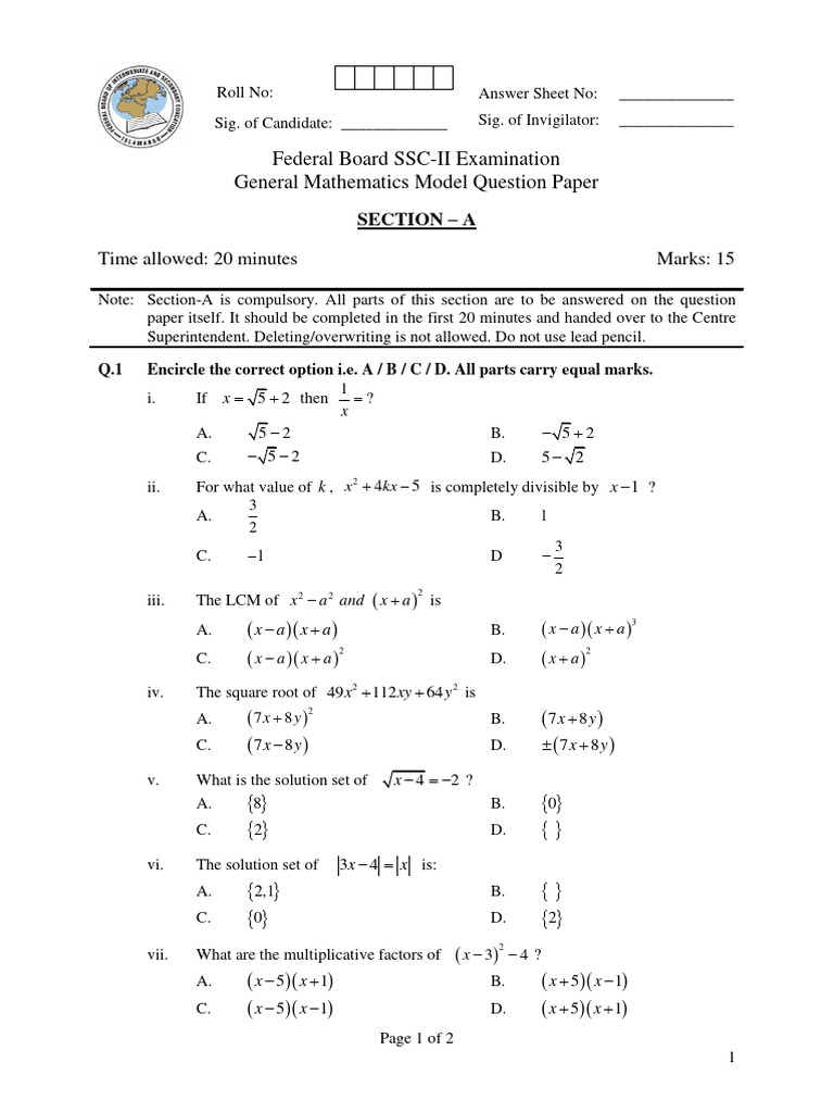 General Mathematics Model Question Paper SSC-II | PDF | Factorization ...