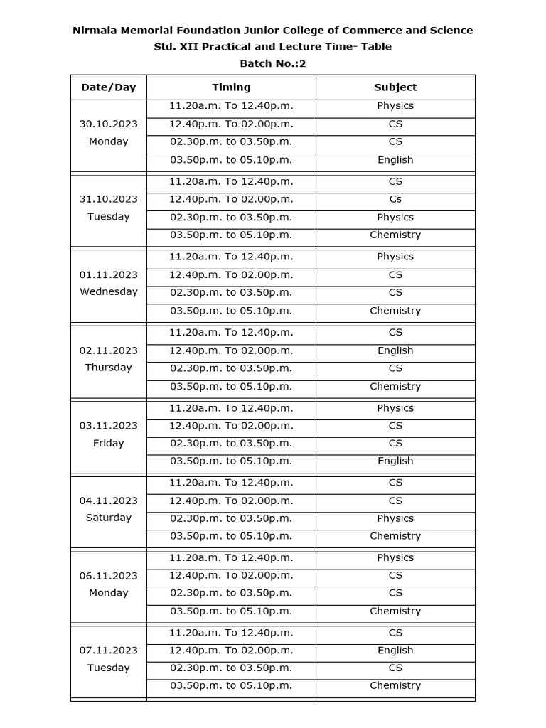 Practical TimeTable - MT - NEW | PDF