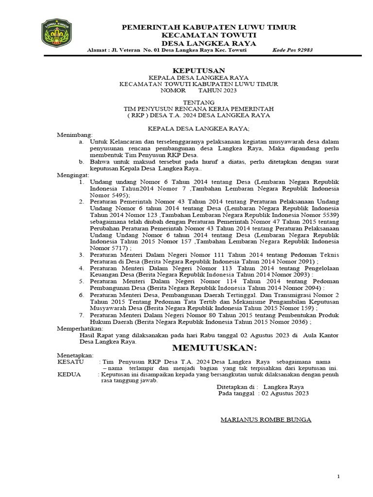SK. Kepala Desa, TTG Tim Penyusun RKP Desa T.A. 2024 | PDF