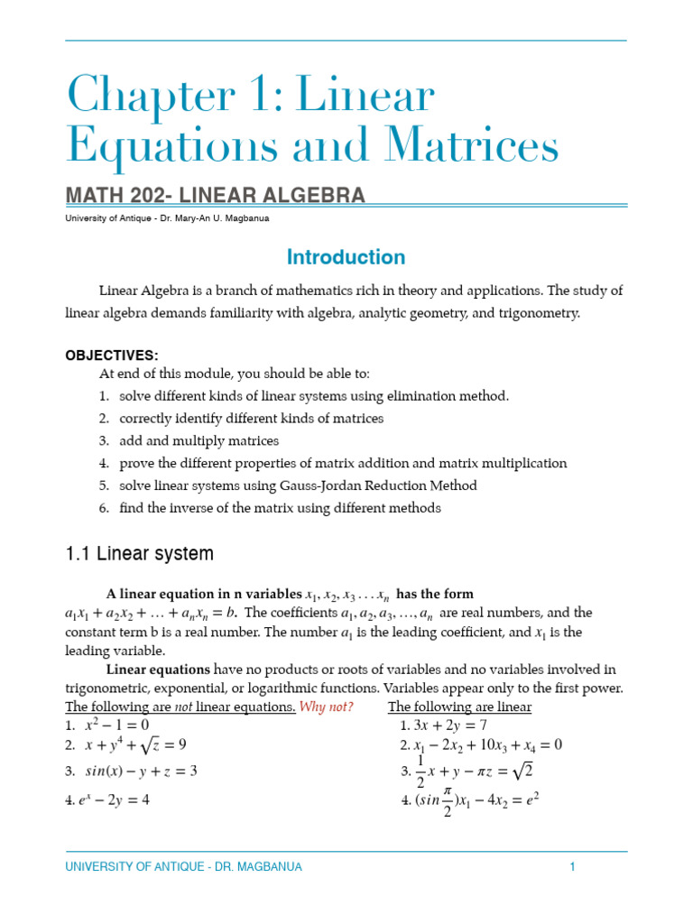Math 202 Chapter 1 | PDF | Matrix (Mathematics) | System Of Linear Equations