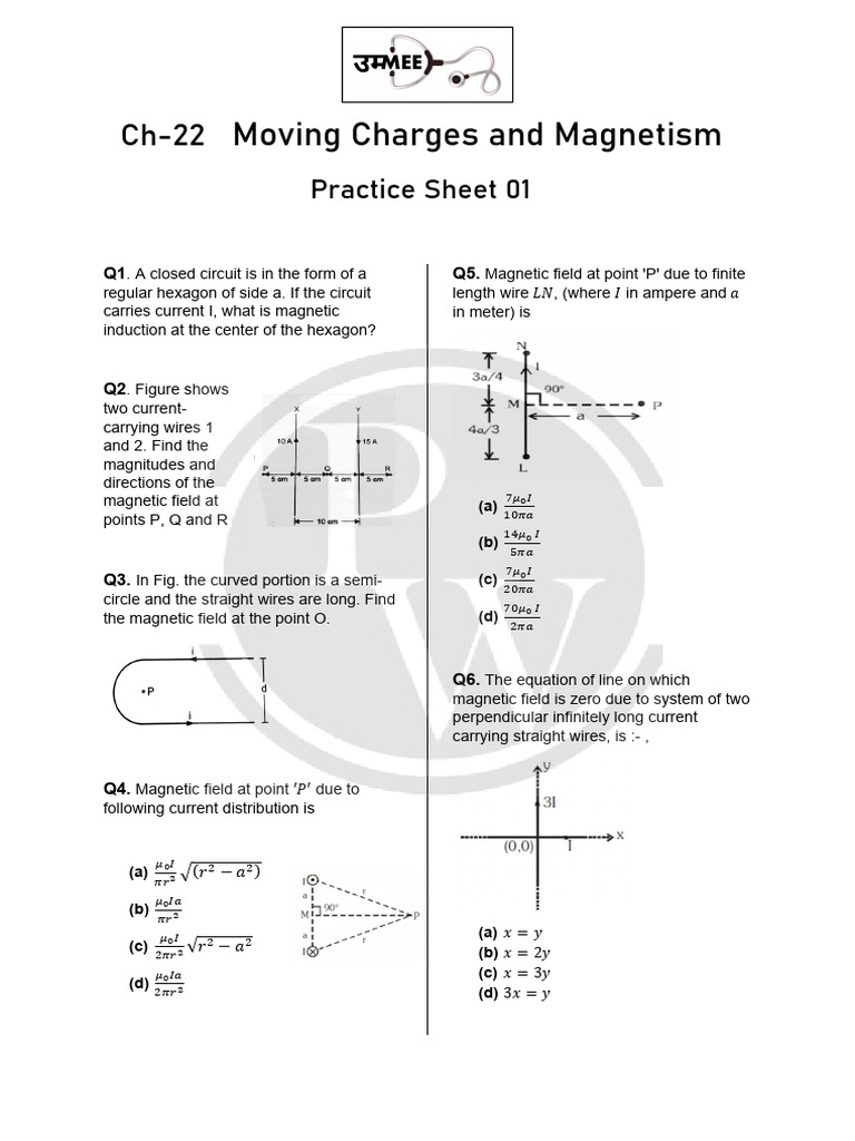 Moving Charges and Magnetism - Practice Sheet | PDF | Magnetic Field ...