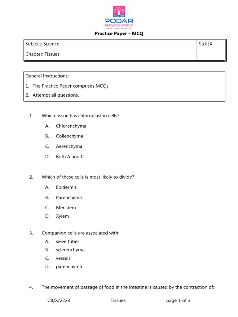 Grade 9 Science: Tissue MCQs | PDF | Tissue (Biology) | Epithelium