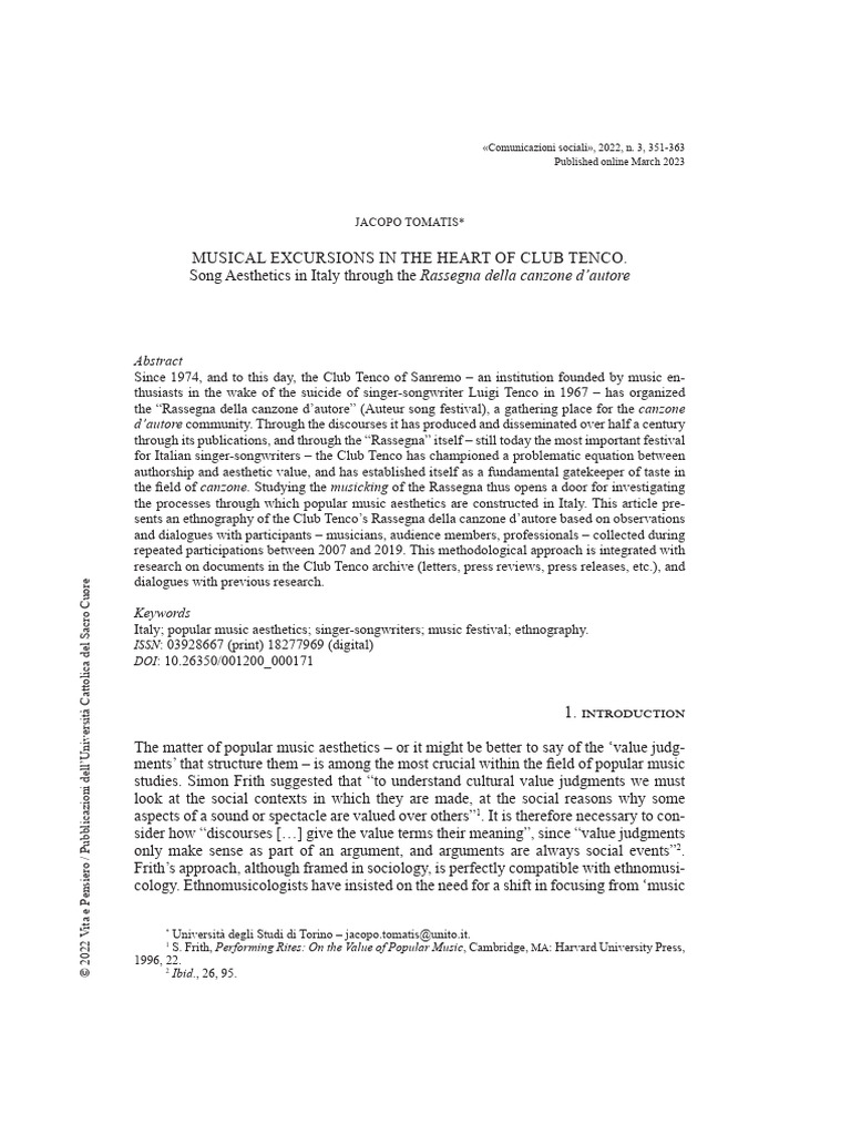 2022 - TOMATIS - Excursion Club Tenco | PDF | Ethnography