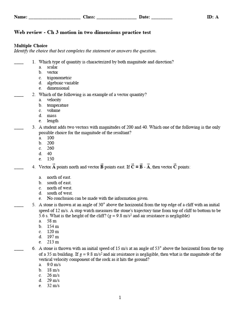 Physics Motion Practice Test | PDF | Euclidean Vector | Projectiles