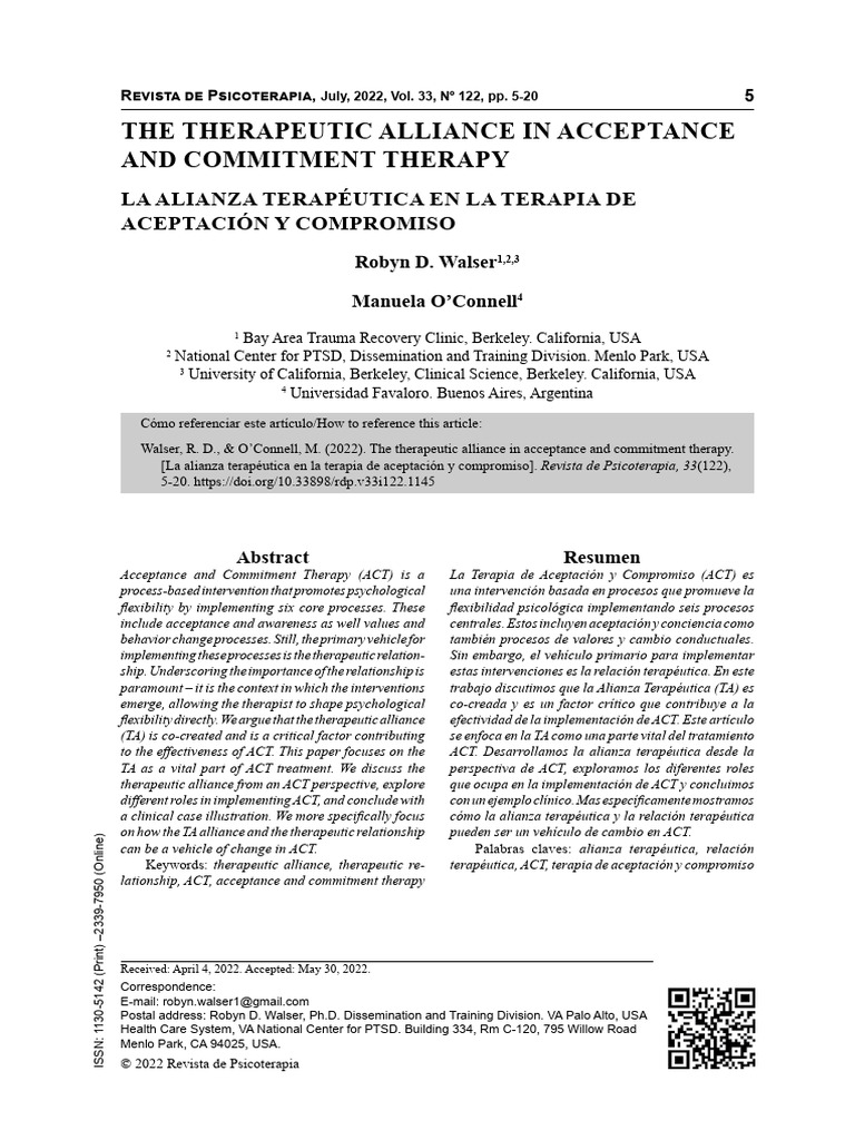 The Therapeutic Alliance in Acceptance and Commitment Therapy | PDF | Psychotherapy | Human ...