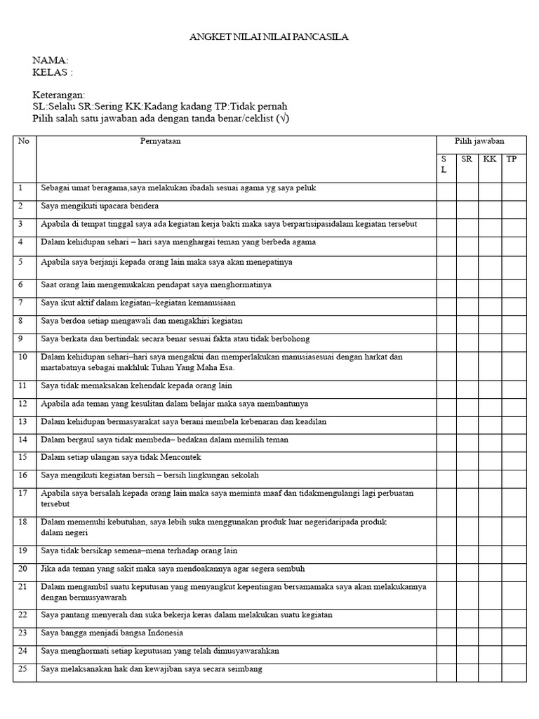 Angket Nilai Nilai Pancasila | PDF