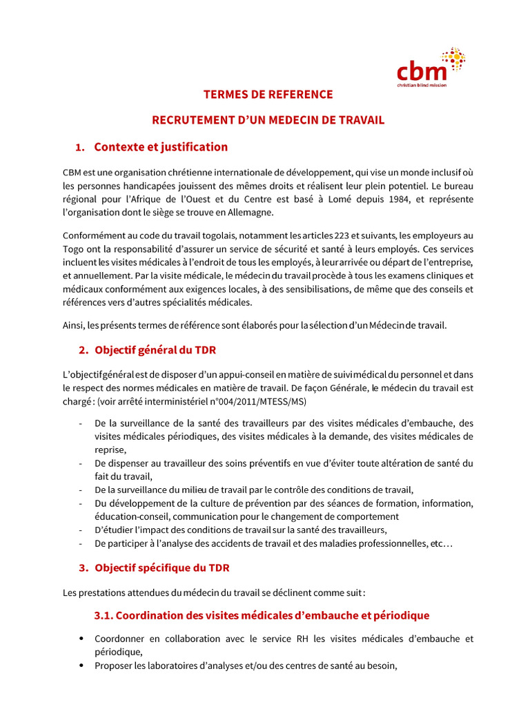 TERMES DE REFERENCE - Recrutement D'un Médécin de Travail - 11102023 | PDF
