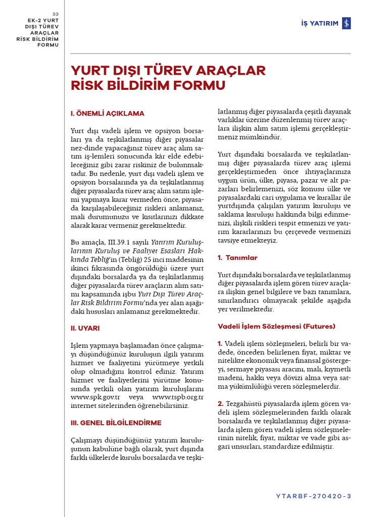Yurtdışı Türev Araçlar Risk Bildirim Formu | PDF