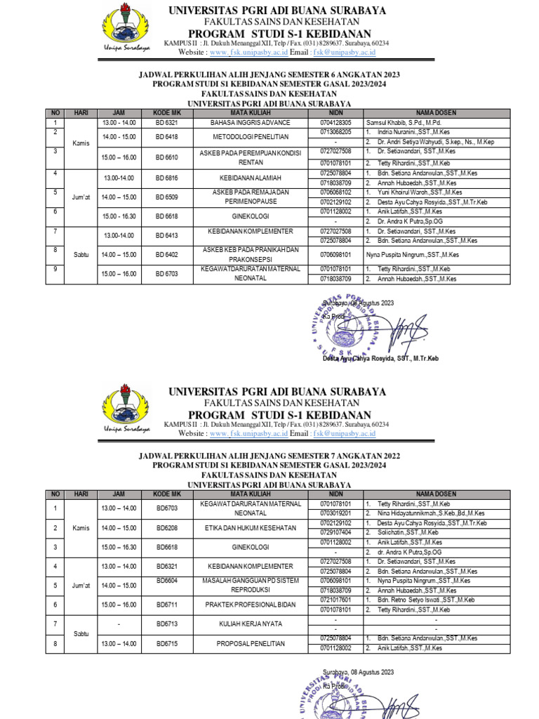 Jadwal Kuliah S1 Kebidanan 2023/2024 | PDF | Kesehatan Holistik