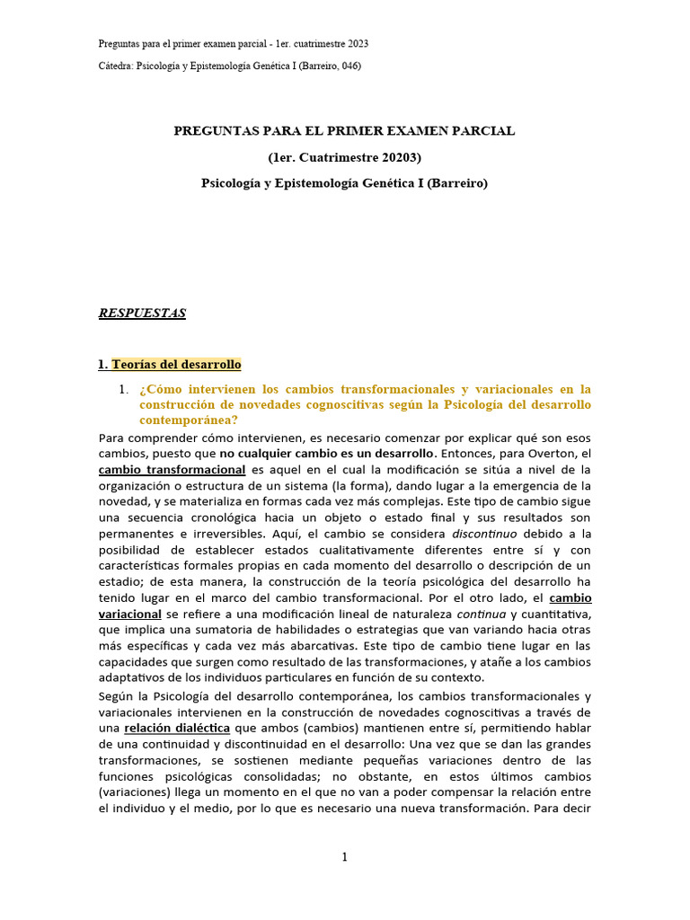 Preguntas Primer Parcial 1er. Cuatri 2023 RESPUESTAS | PDF | Sicología | Conocimiento