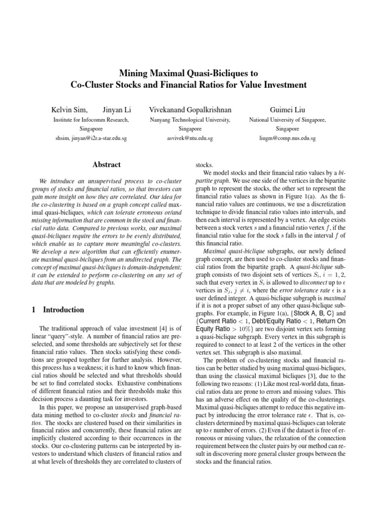 Mining Maximal Quasi Bicliques To Co Cluster Stocks And Financial Ratios For Value Investment