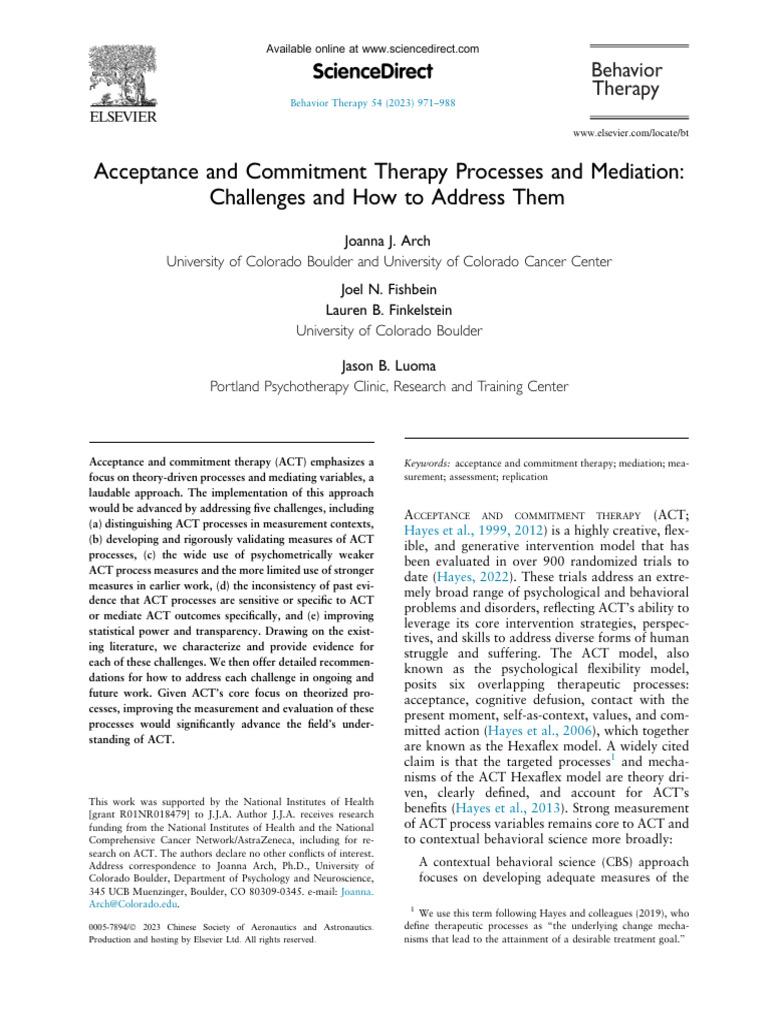 Acceptance and Commitment Therapy Processes and Mediation. Challenges ...