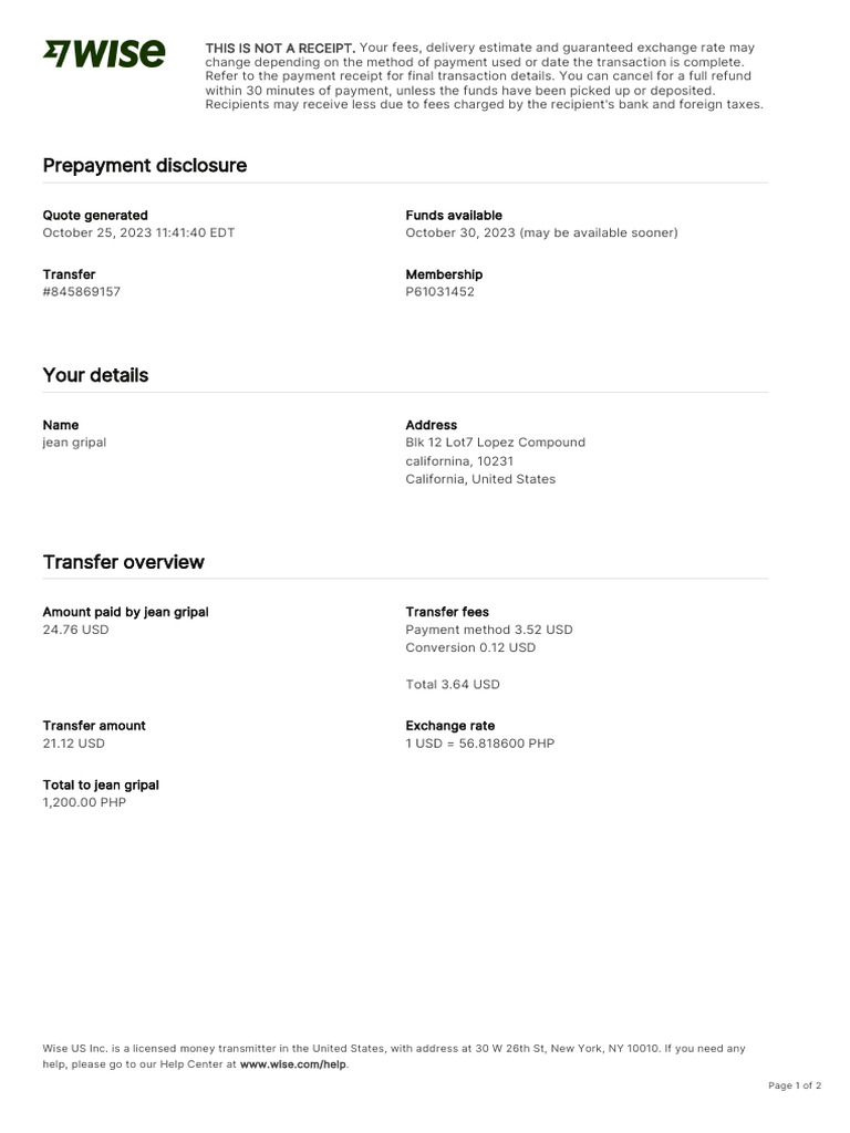 Wise Transaction Disclosure 1698248770342 | PDF | Receipt | Payments
