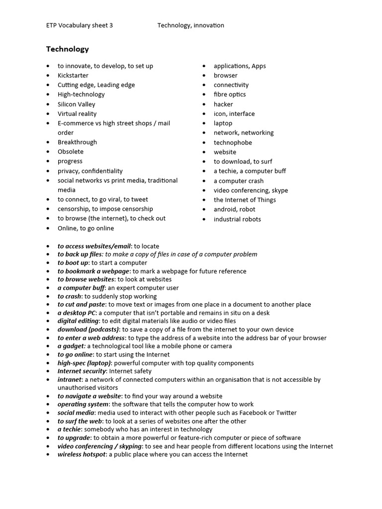 VOCAB LIST Topic 5 Technology | PDF | Internet | Computer Network