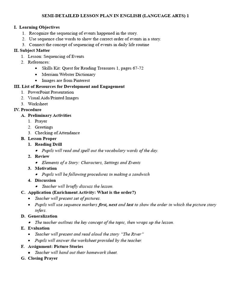 Lesson Plan - Sequence of Events | PDF | Lesson Plan | Communication