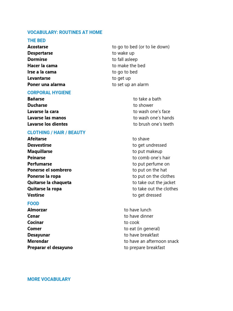 Spanish Daily Routine Vocabulary Guide | PDF | Hygiene