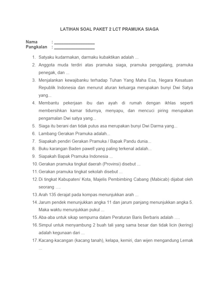 Latihan Soal Paket 2 LCT Pramuka Siaga | PDF