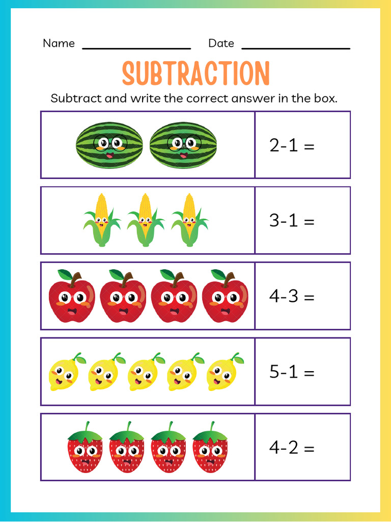 Fun and Colorful Kindergarten Subtraction Math Worksheet | PDF