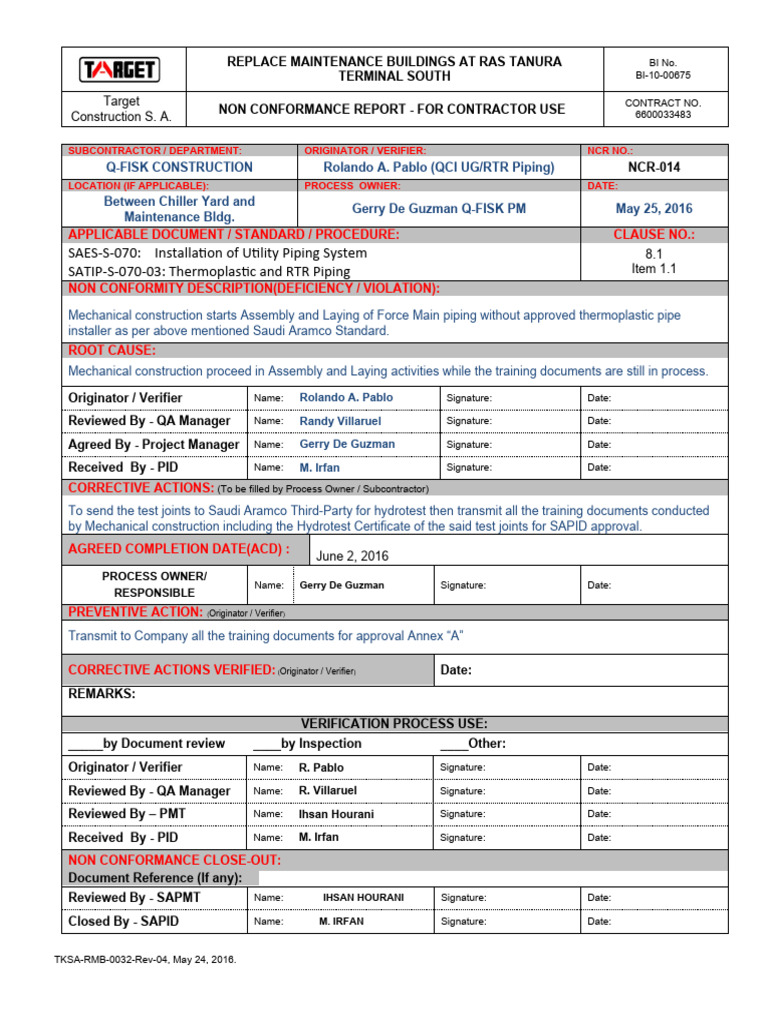 NCR-014 - Rev. 01 | PDF